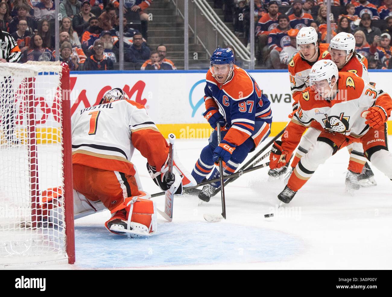 Anaheim Ducks goalie Lukas Dostal (1) makes the save on Edmonton Oilers ...