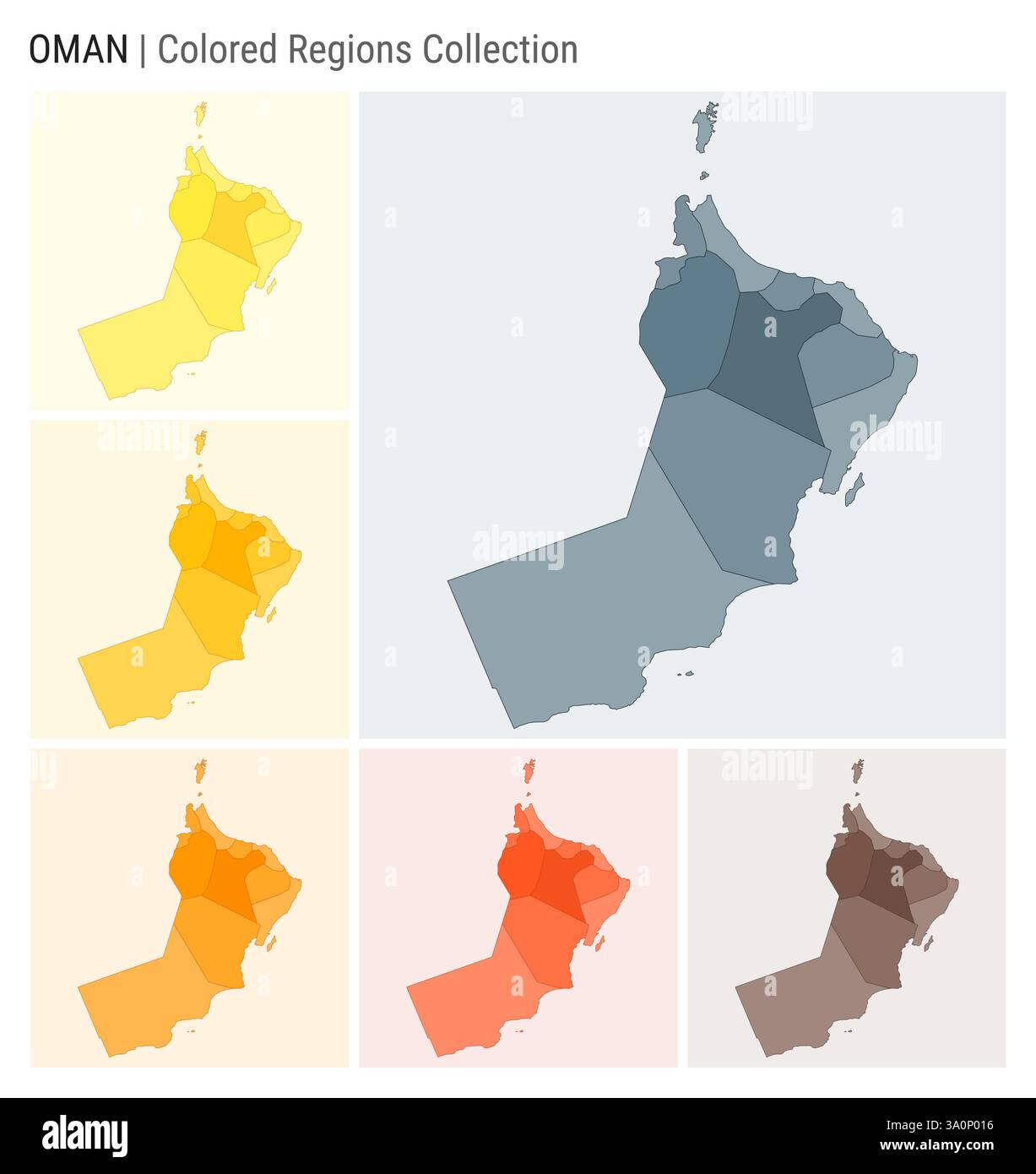 Oman map collection. Country shape with colored regions. Blue Grey ...
