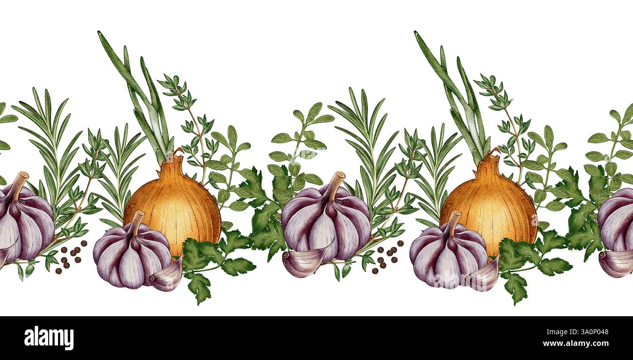 Watercolor seamless border with onion, garlic, rosemary, thyme, and ...