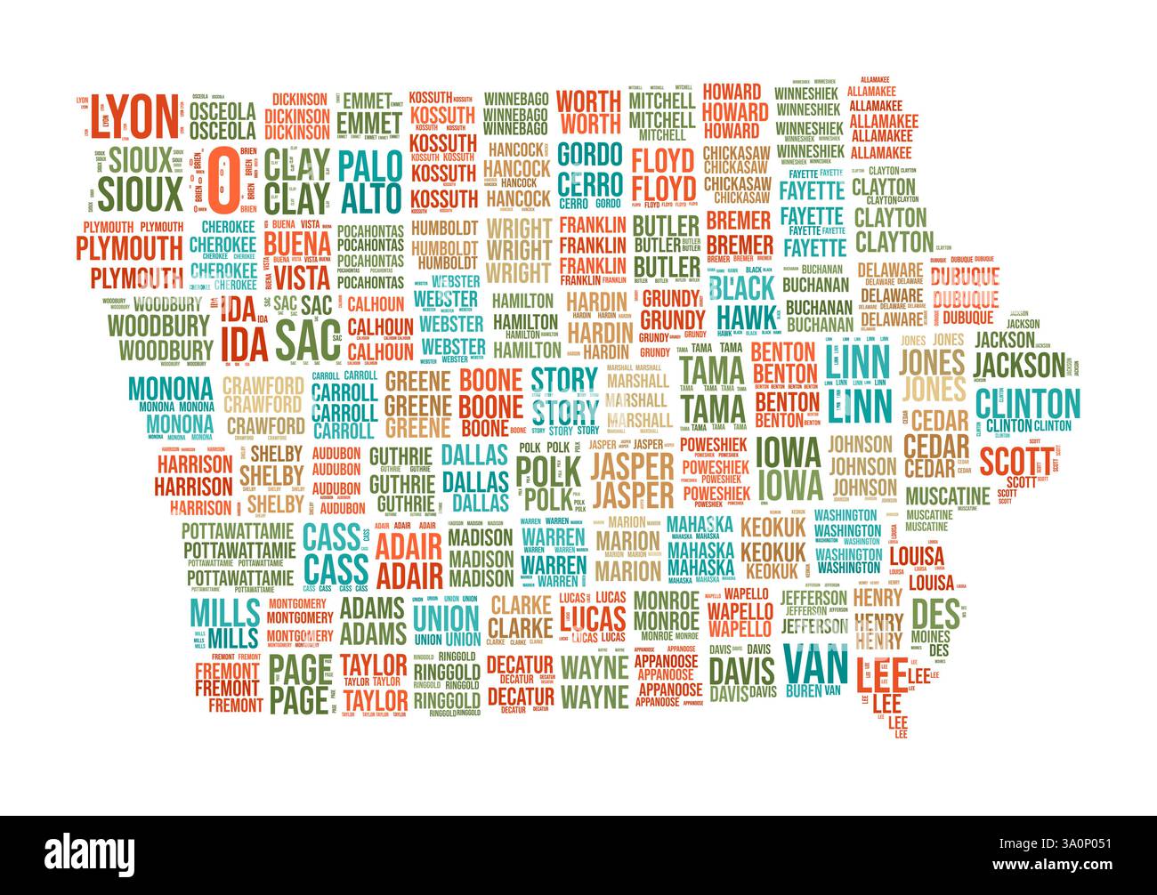 Iowa word cloud. State shape with county division. Iowa typography ...