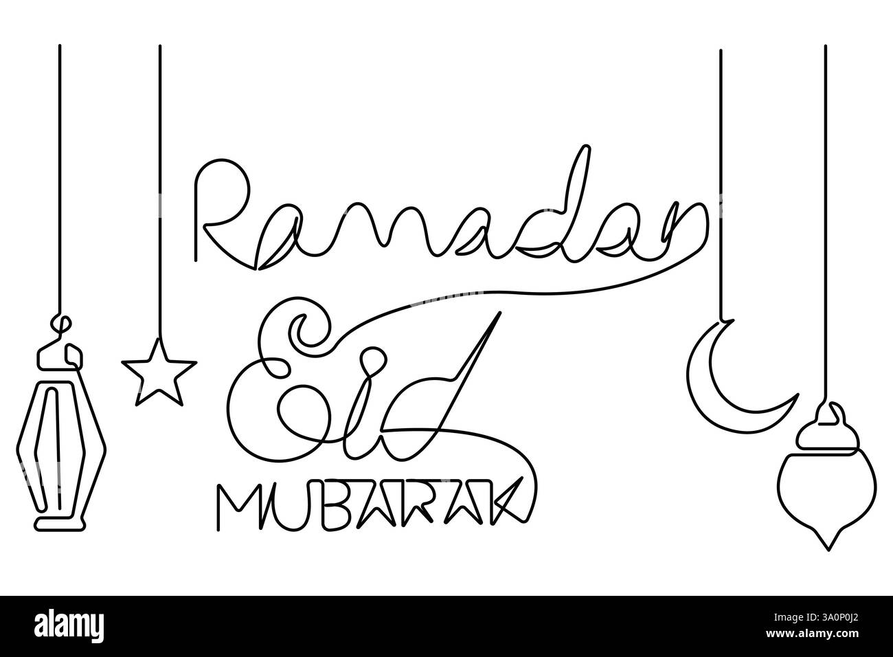 Single line vector illustration of Islamic lamps, stars, moon, and Eid ...