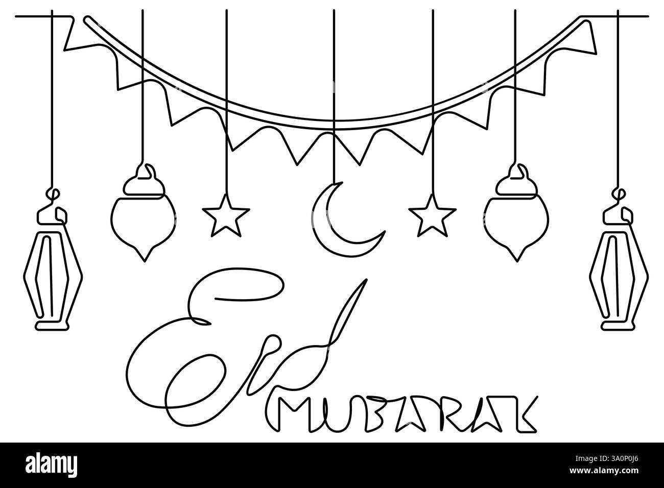 Single line vector illustration of Islamic lamps, stars, moon, and Eid ...