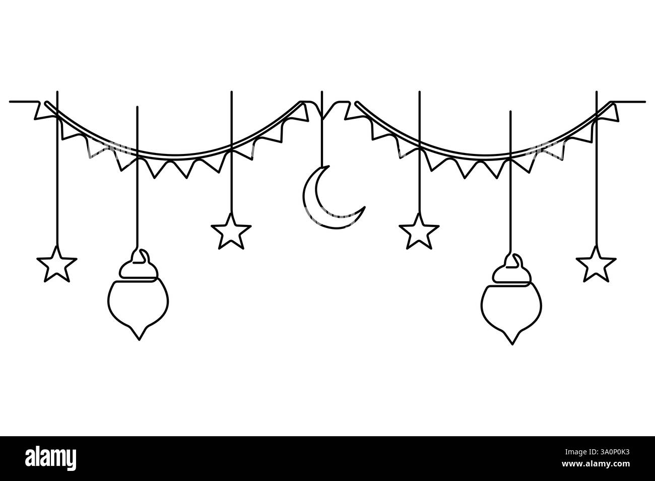 Single line vector illustration of Islamic lamps, stars, moon, and Eid ...