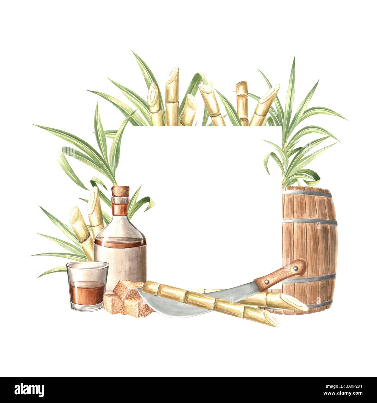 Rum bottle and glass, sugar cane and brown sugar, barrel and machete ...