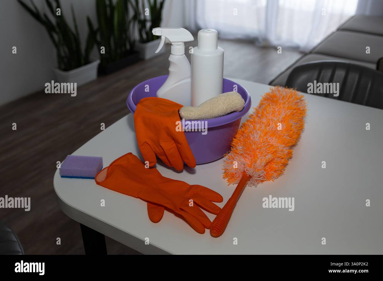 A vibrant and wellorganized setup of various cleaning tools, showcasing ...