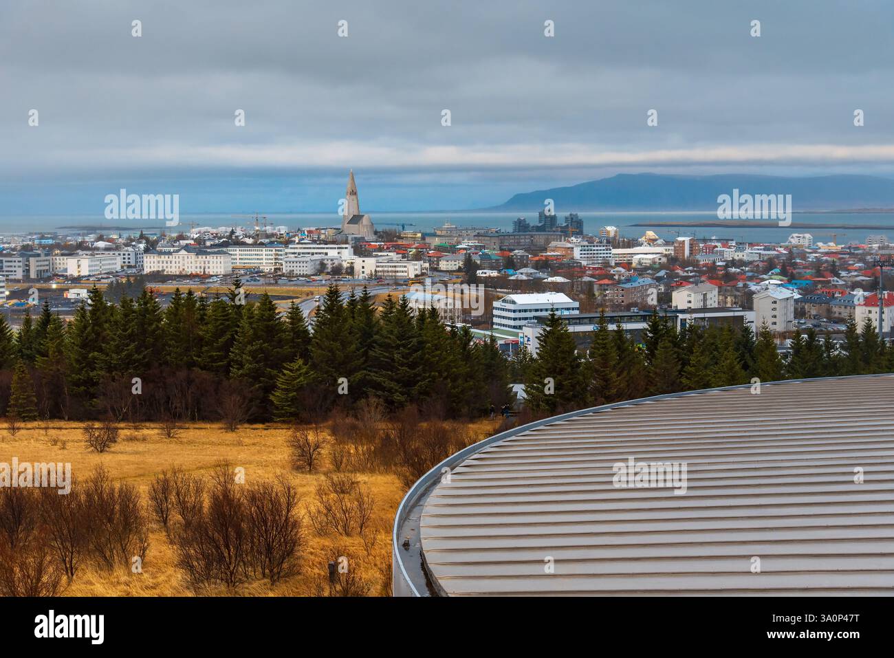 Landmark view of Reykjavik, the capital city of Iceland, captured from ...