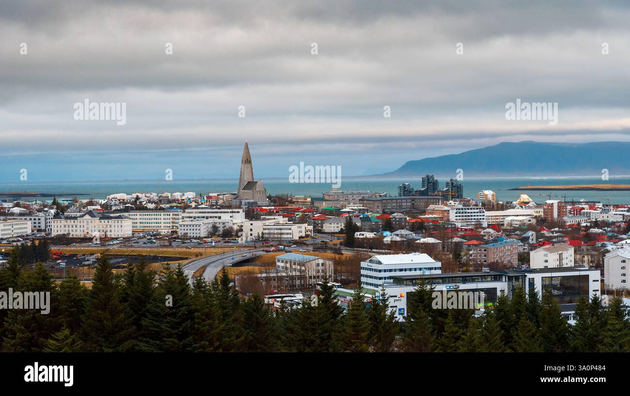 Landmark view of Reykjavik, the capital city of Iceland, captured from ...