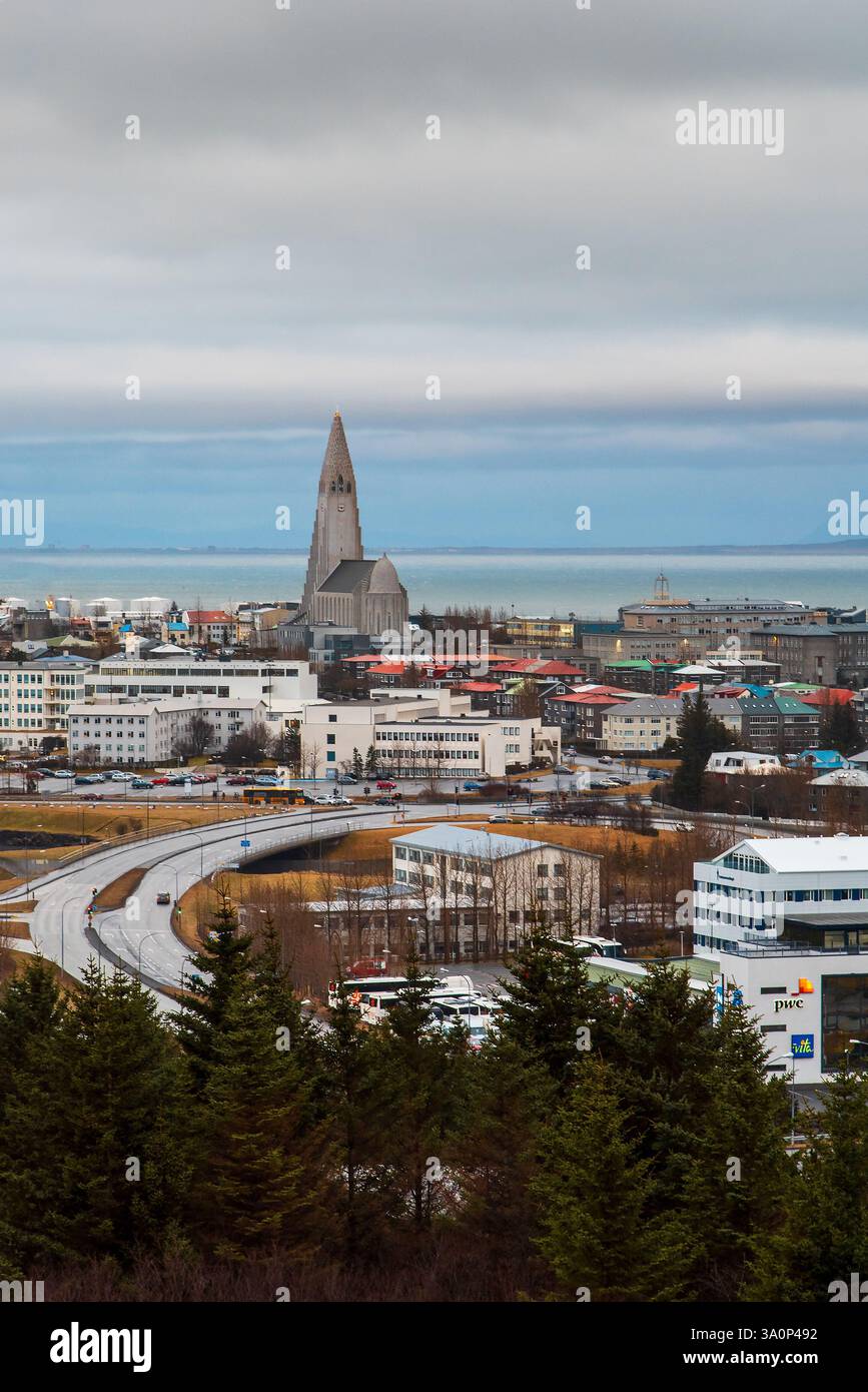 Landmark view of Reykjavik, the capital city of Iceland, captured from ...