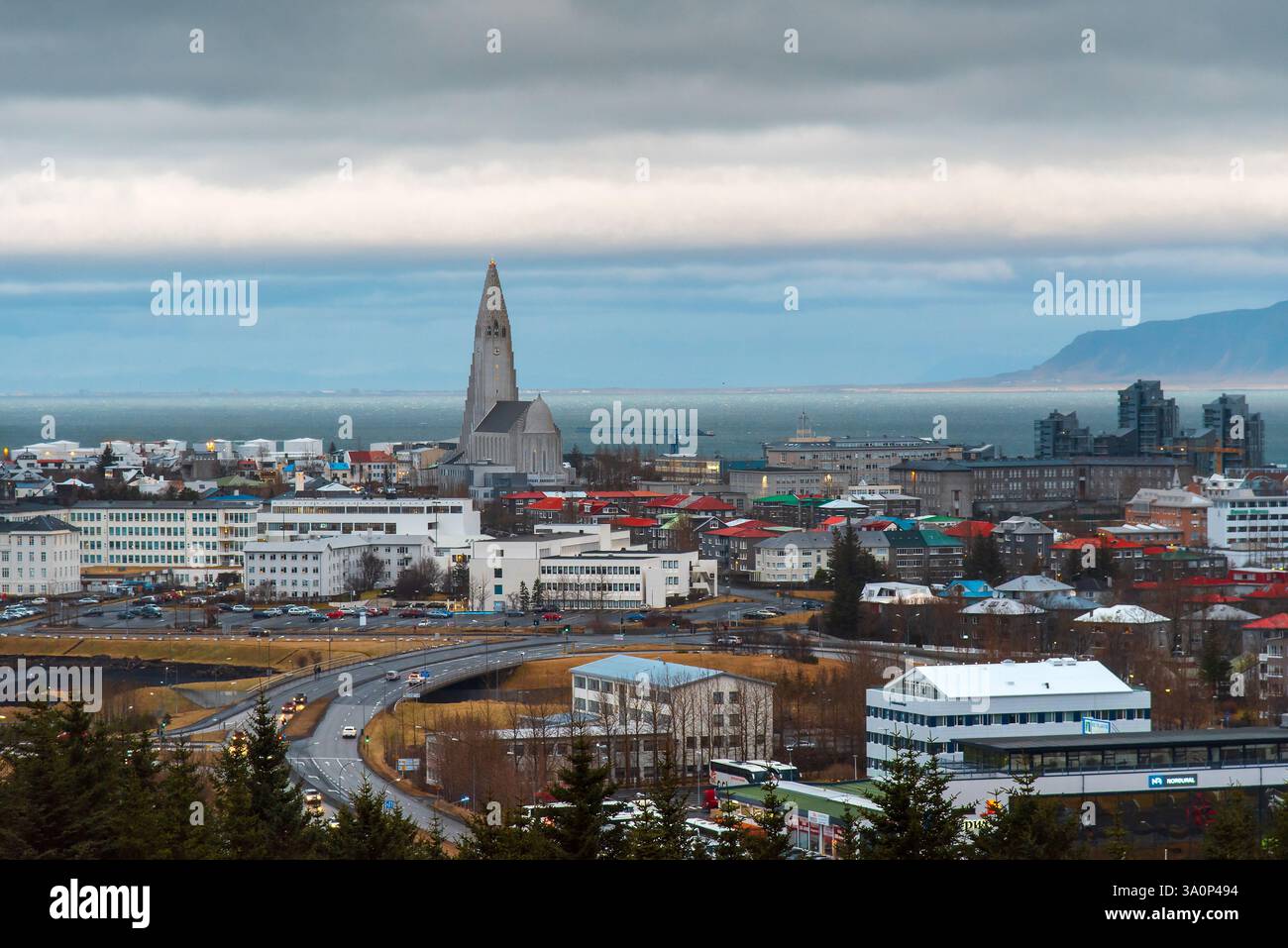 Landmark view of Reykjavik, the capital city of Iceland, captured from ...