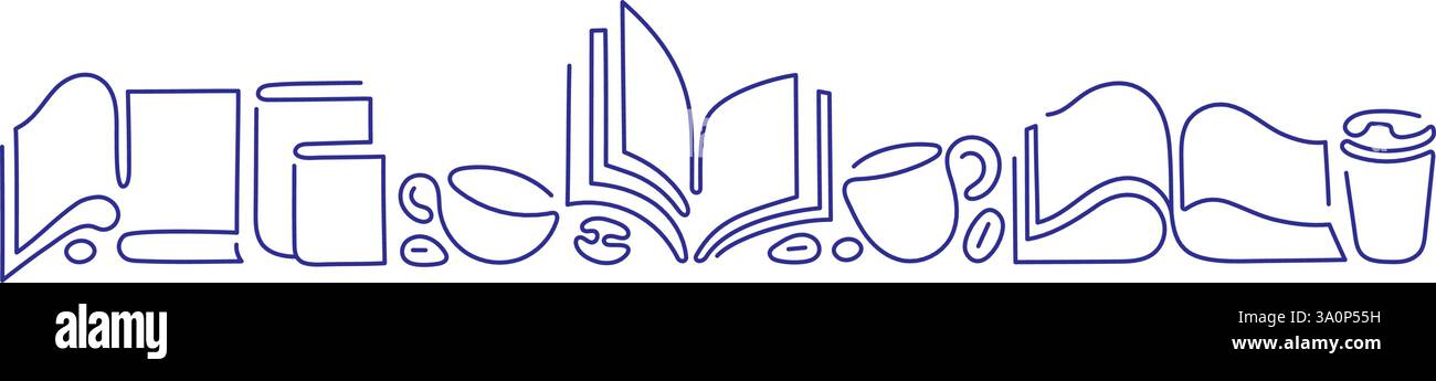 Open book, cup of tea, coffee. Vector line symbol. Work desk for ...