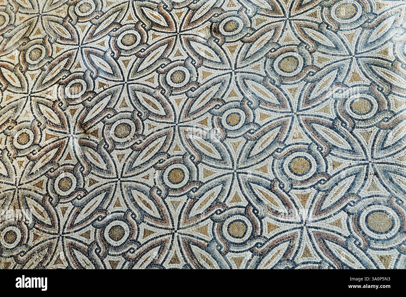 A highly detailed geometric mosaic with interwoven circular and floral ...