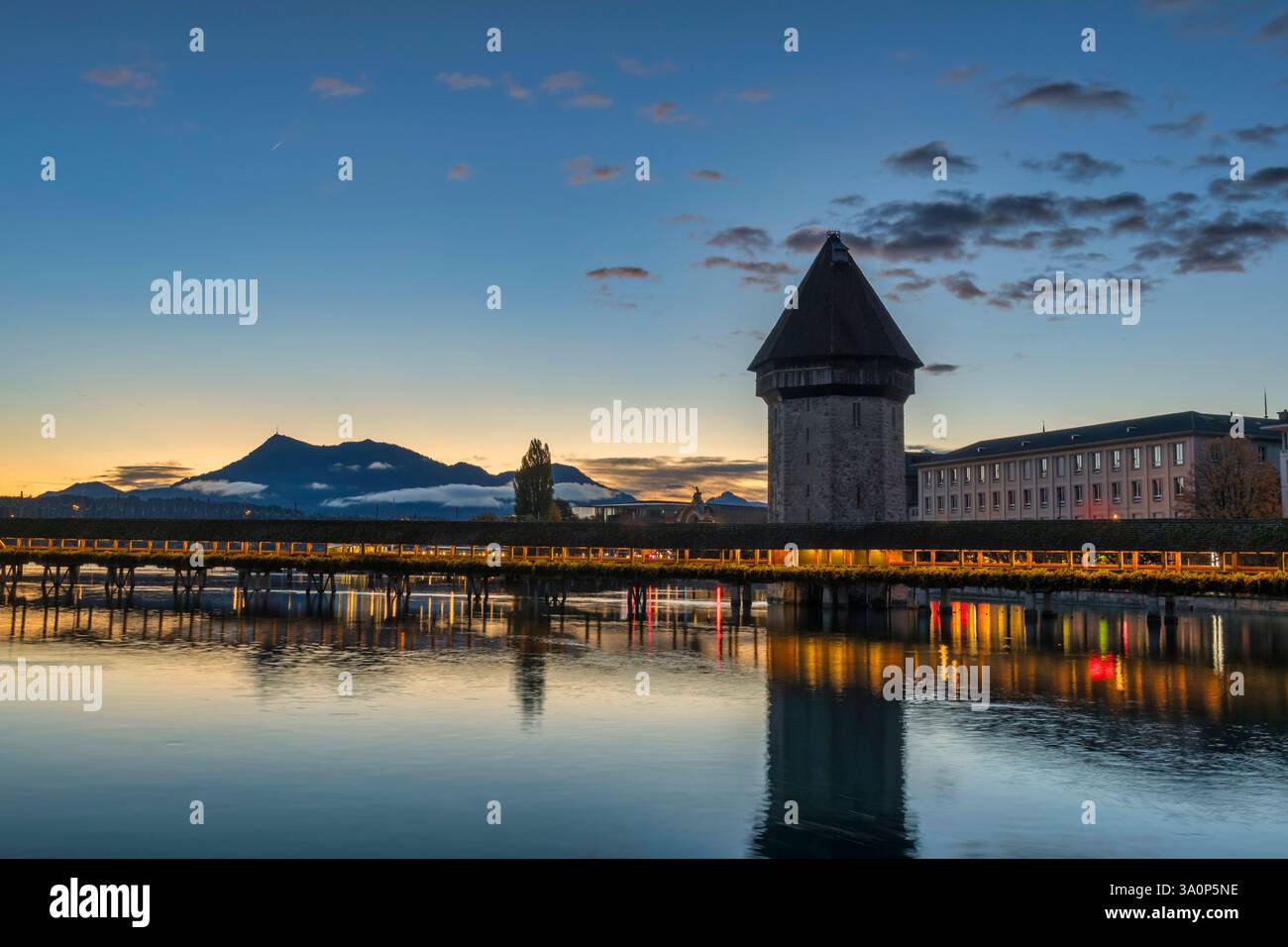 Lucerne (Luzern) Switzerland sunrise city skyline at Chapel Bridge ...