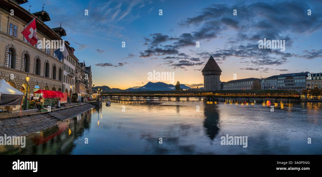 Lucerne (Luzern) Switzerland sunrise panorama city skyline at Chapel ...
