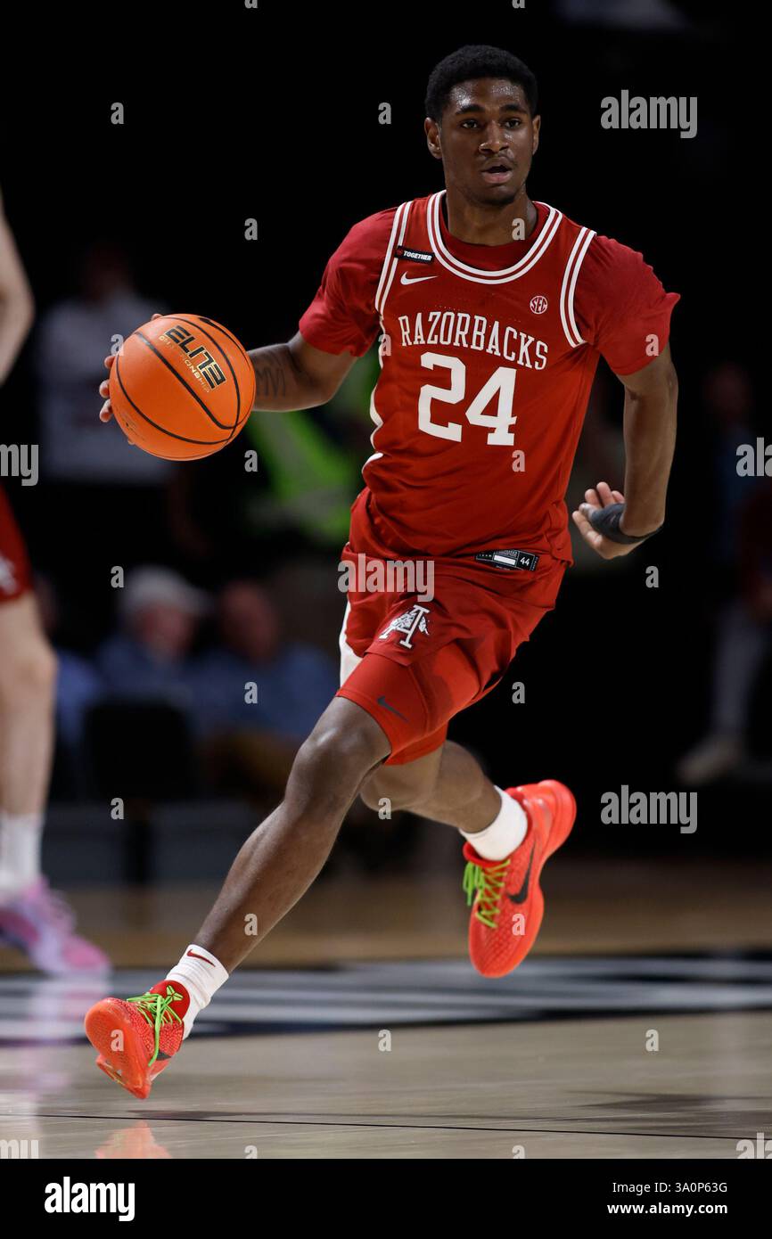 NASHVILLE, TN - MARCH 04: Arkansas Razorbacks forward Billy Richmond III (24) dribbles down the ...
