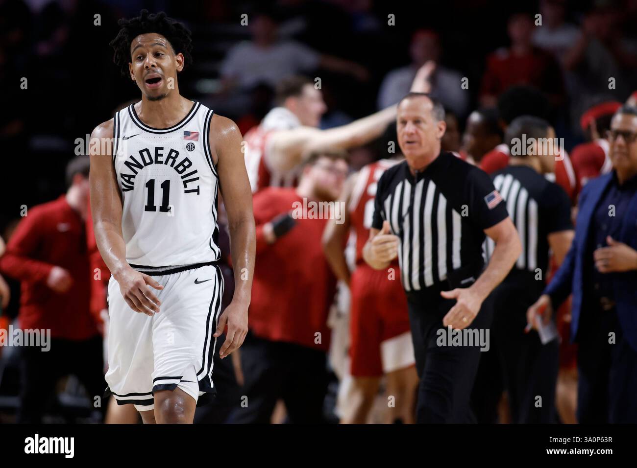 NASHVILLE, TN - MARCH 04: Vanderbilt Commodores guard AJ Hoggard (11) reacts to a foul call ...
