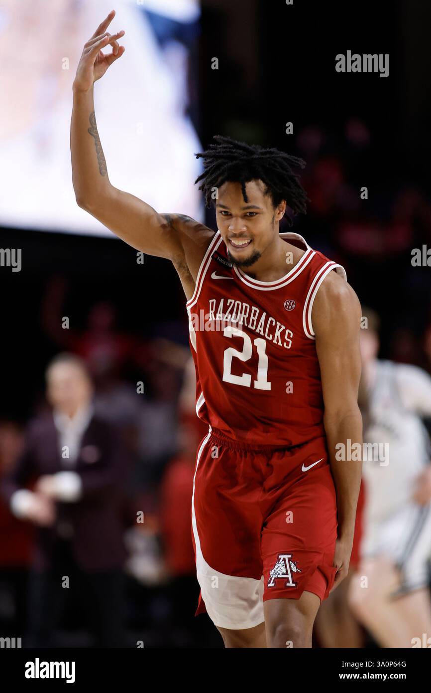 NASHVILLE, TN - MARCH 04: Arkansas Razorbacks guard D.J. Wagner (21) holds up three fingers ...