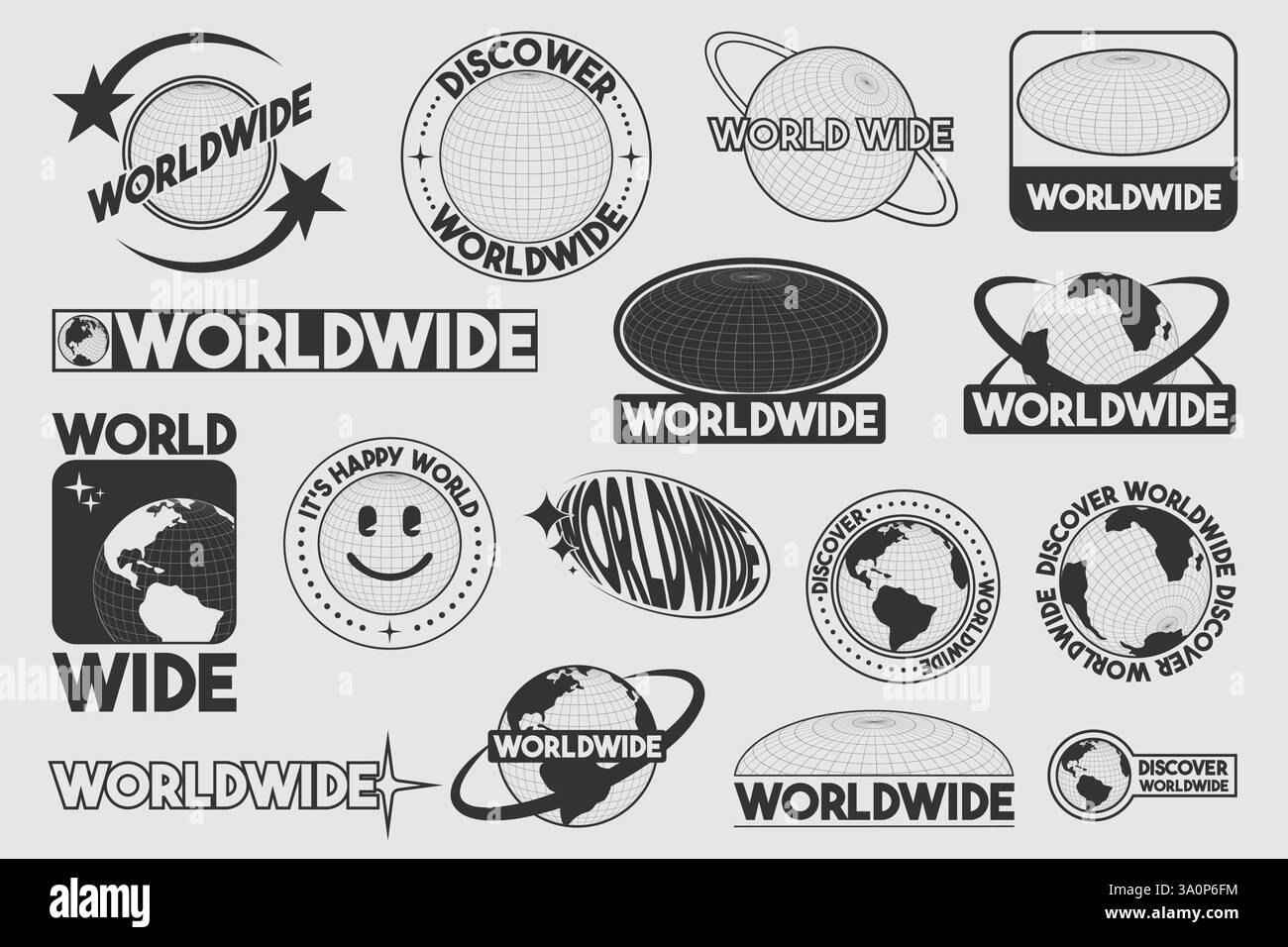 Y2k globe stickers with worldwide text and retro earth spheres in monochrome style. Digital ...