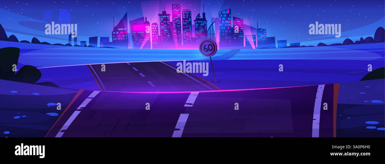 Highway road leading to glowing neon town skyline at night. Empty field ...