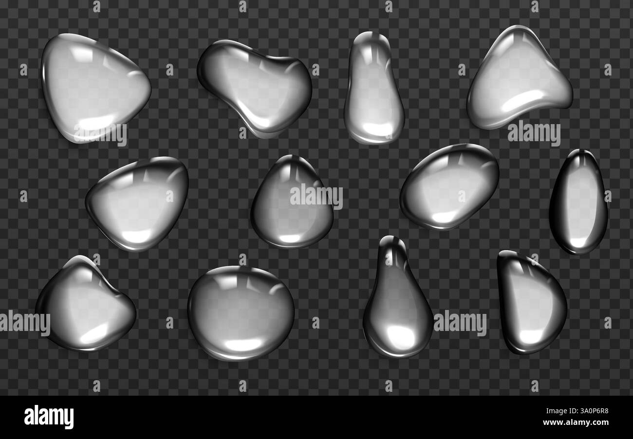 Liquid silver drops and blobs set on transparent background - glossy metallic splashes ...