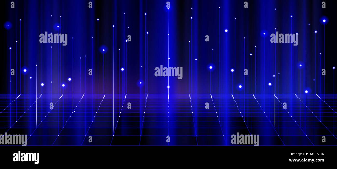 AI data lines on digital blue grid with glowing nodes on dark ...