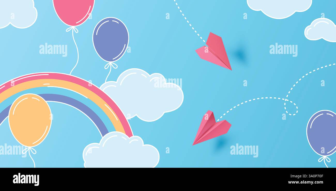3d paper planes fly through drawn clouds, rainbow and balloons on blue ...