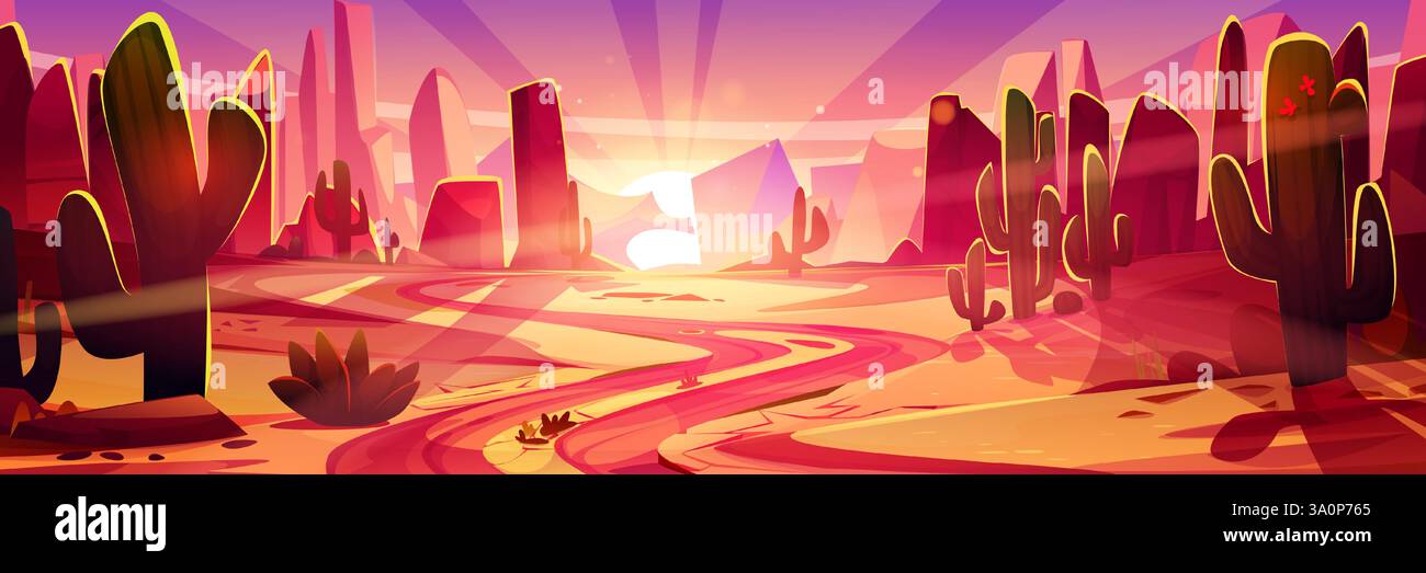 Wild west desert sunset panorama with rock mountain formations, pink ...