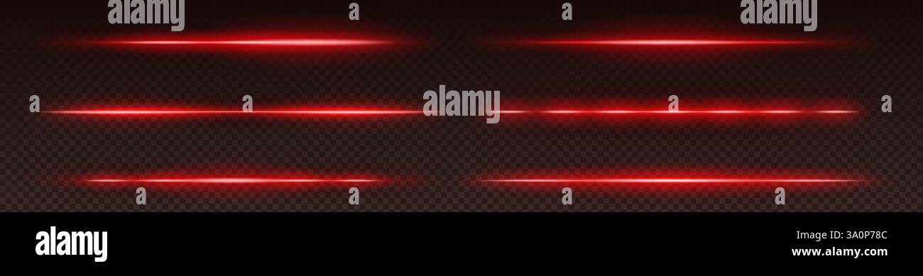 Red neon laser beam set on transparent dark background. Horizontal ...