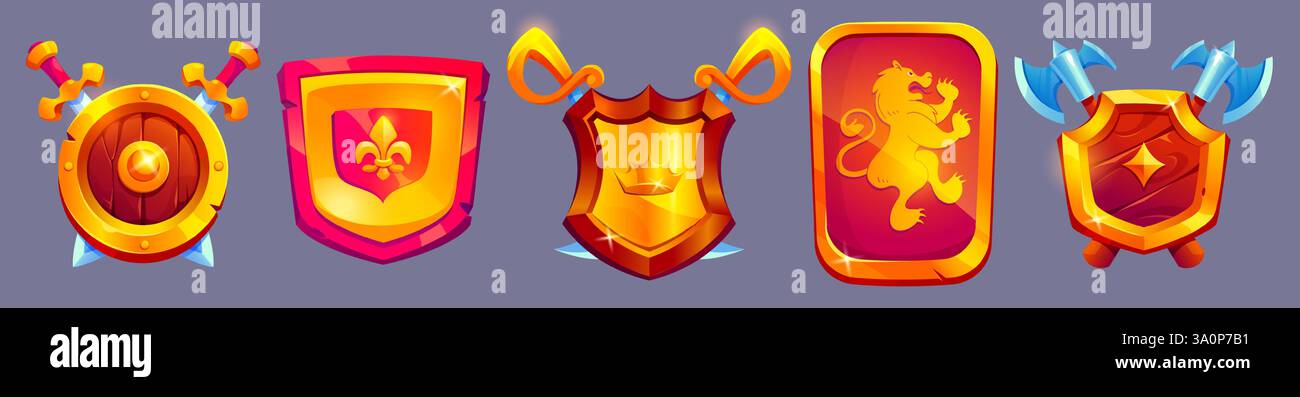 Cartoon medieval shield with crossed swords and axes set - wooden base ...