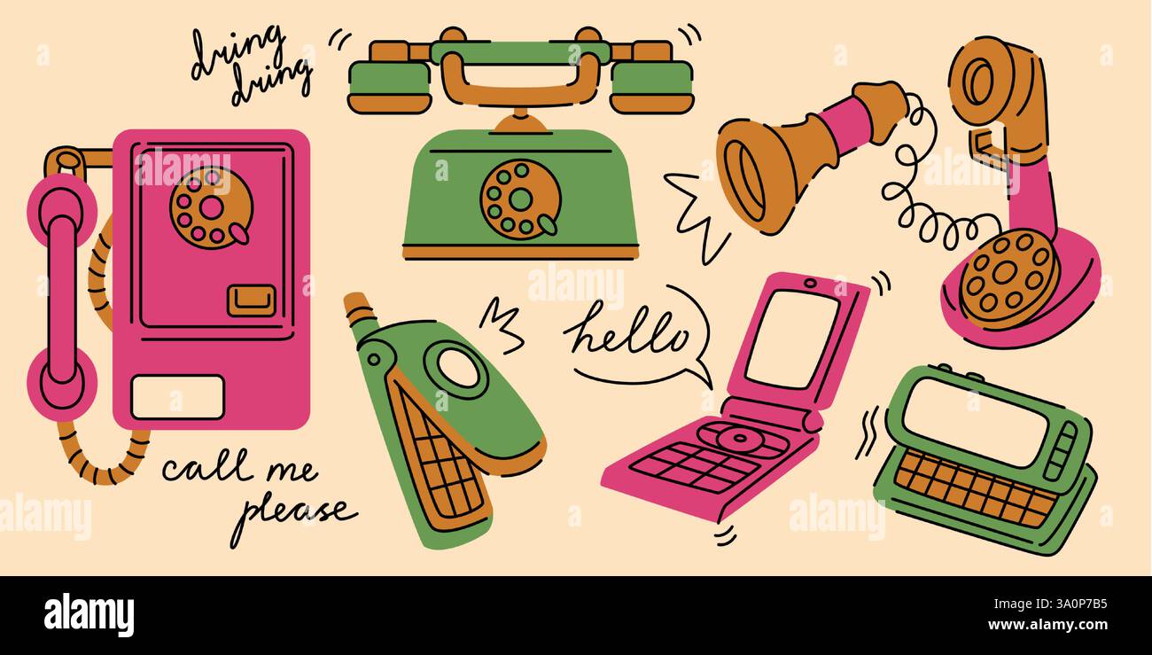 Vintage phone cartoon collection with rotary payphone, landline, flip ...