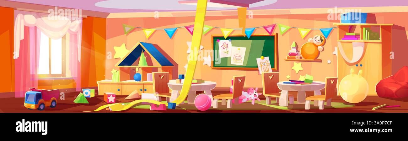 Messy kindergarten room with toys scattered across wooden floor. Dirty ...