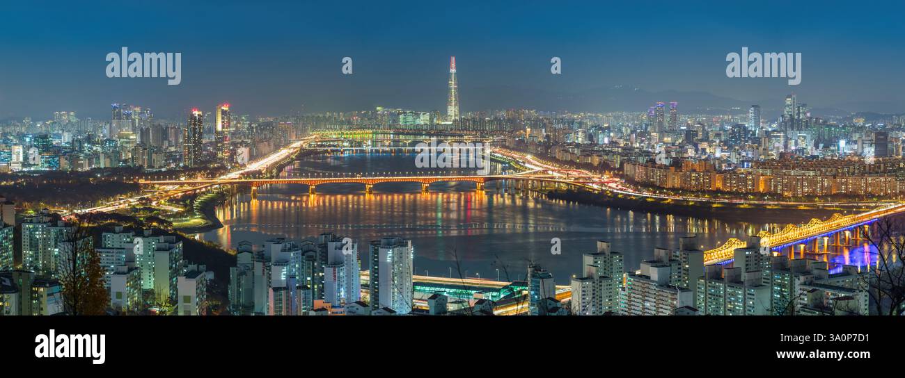 Seoul South Korea panorama city skyline night at Han River view from ...