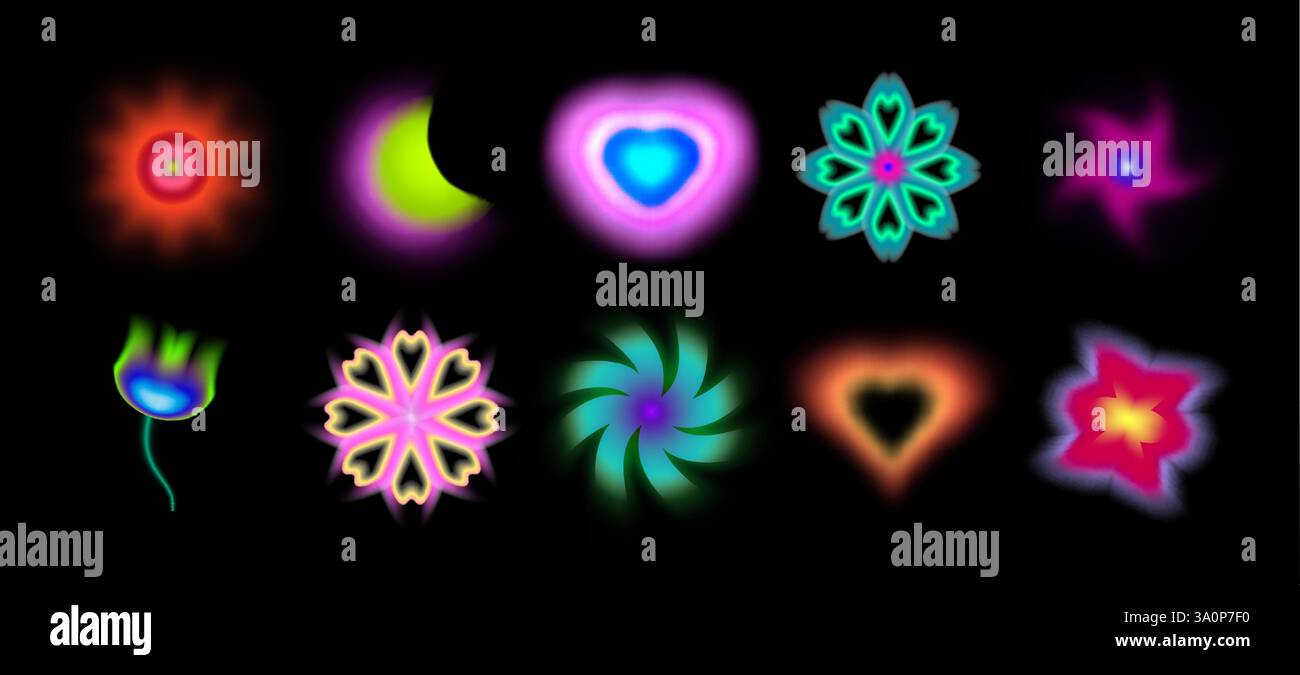 Neon y2k shapes with blur effect on dark background - glowing flowers ...
