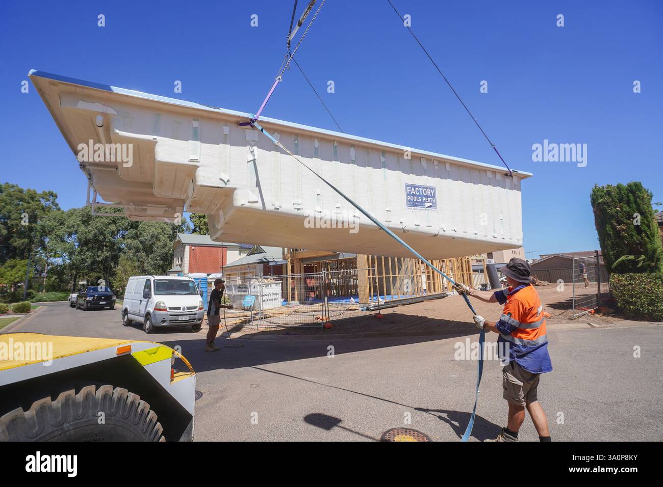 Adelaide, Australia 5 March 2025. A crane lifting a fiberglass swimming ...