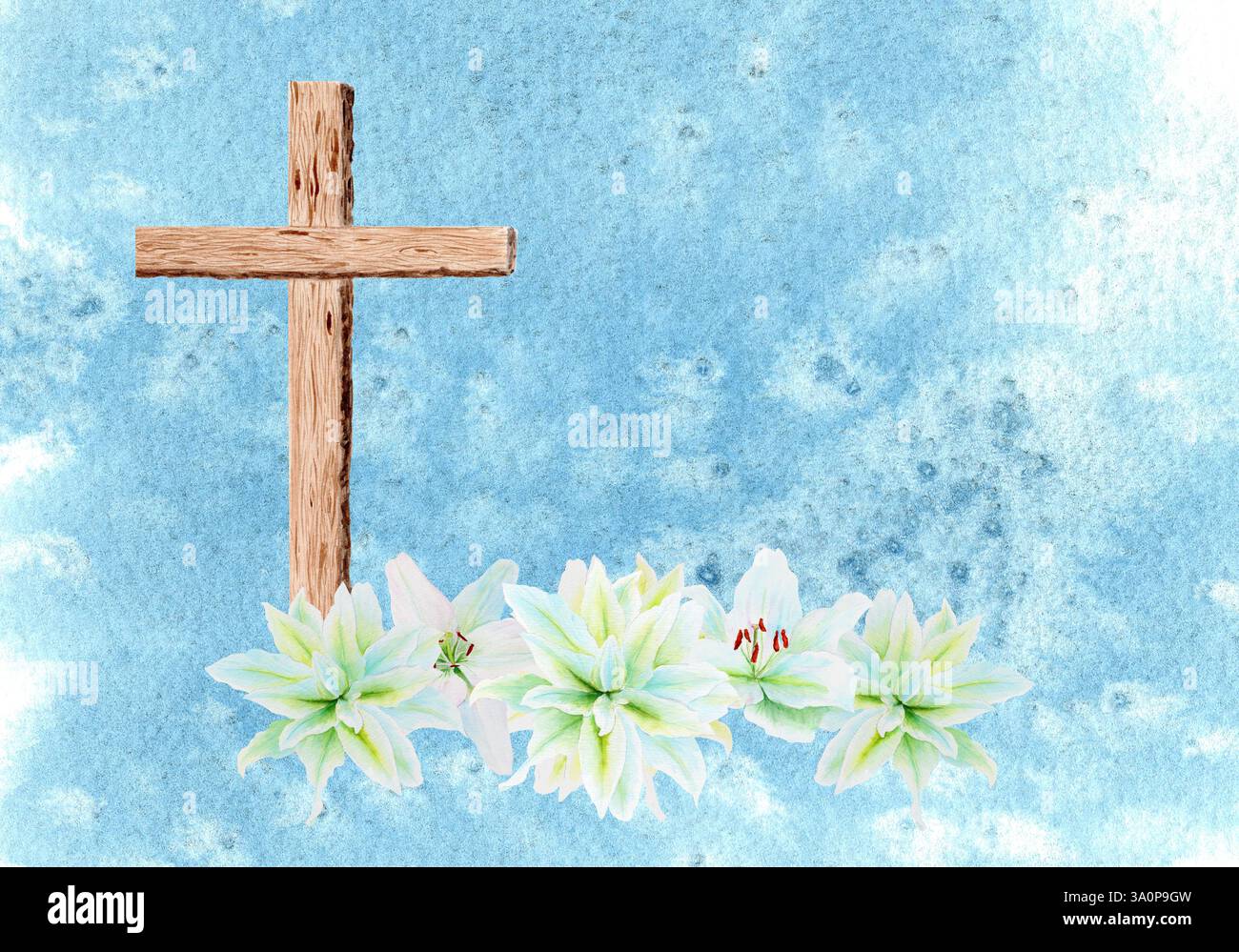 Cross with crown of thorns and white lily garland watercolor ...