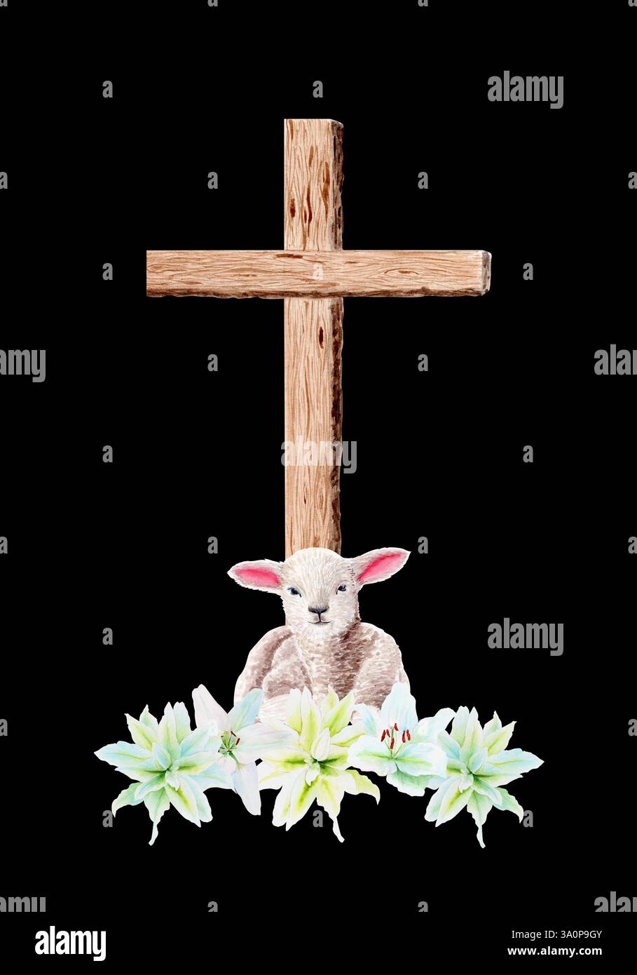 Wooden cross with lily garland and a lamb watercolor composition ...