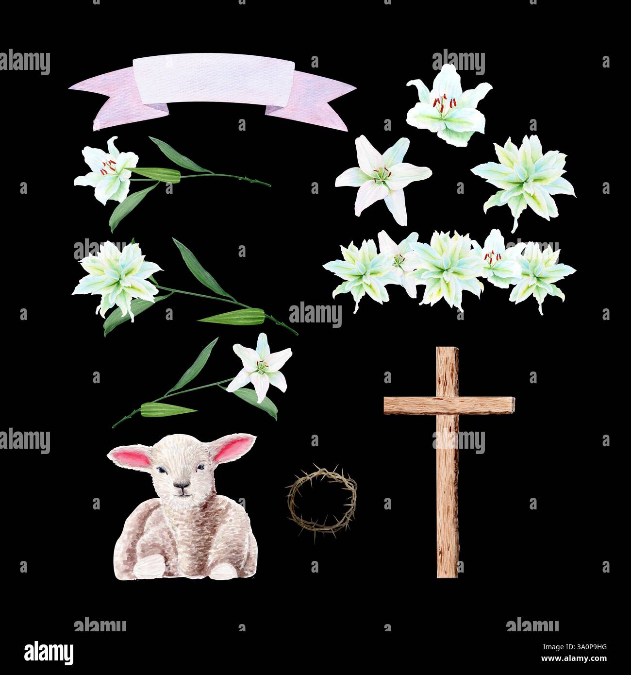 Wooden cross, lamb, crown of thorns, lilies and ribbon banner ...