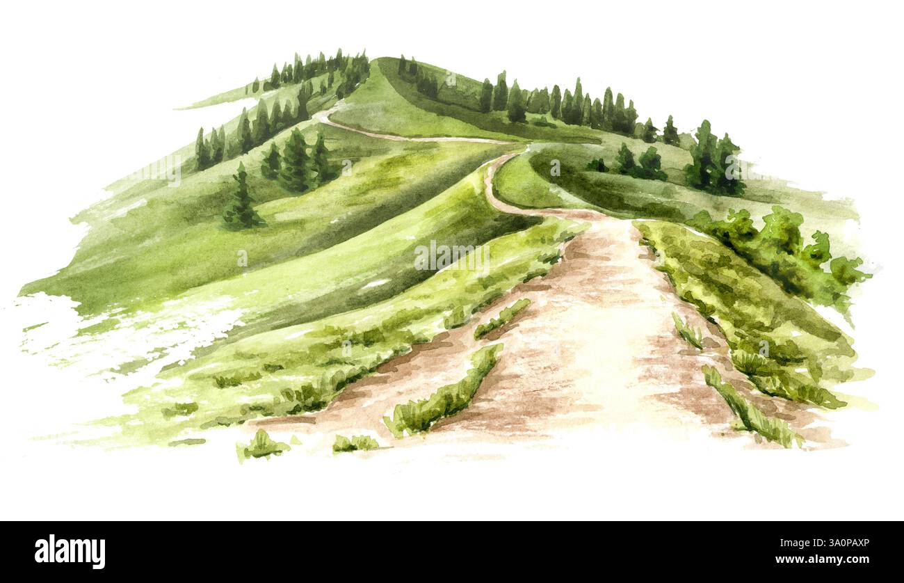 Hiking road running along the top of the green hills. Hand drawn ...