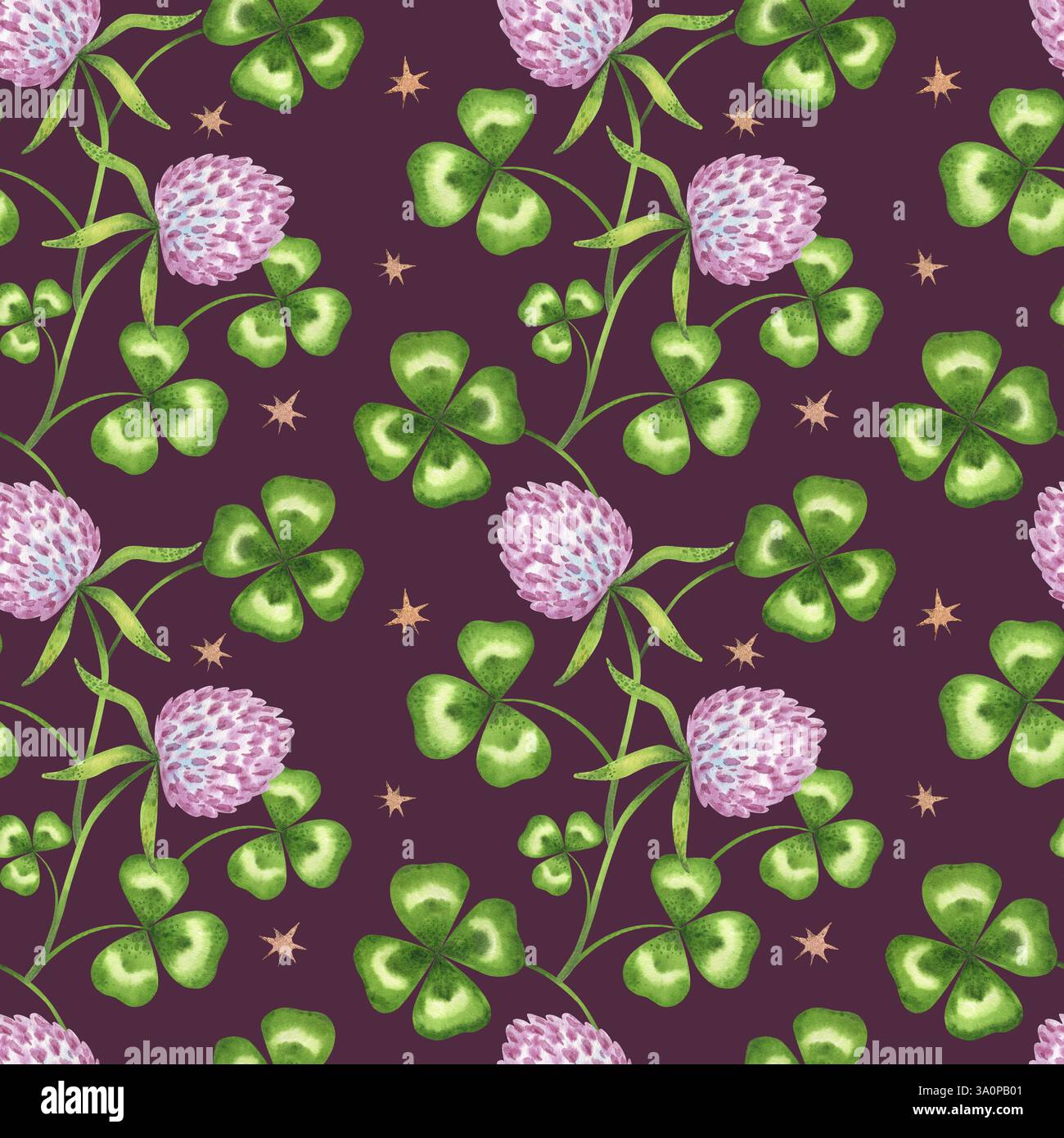 Seamless watercolor pattern with clover leaves, pink flowers, and ...
