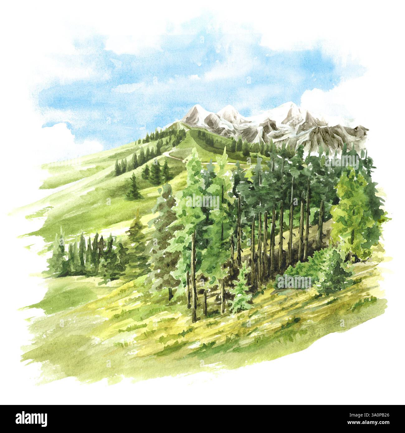 Idyllic alpen landscape with forest and green hills. Hand drawn ...