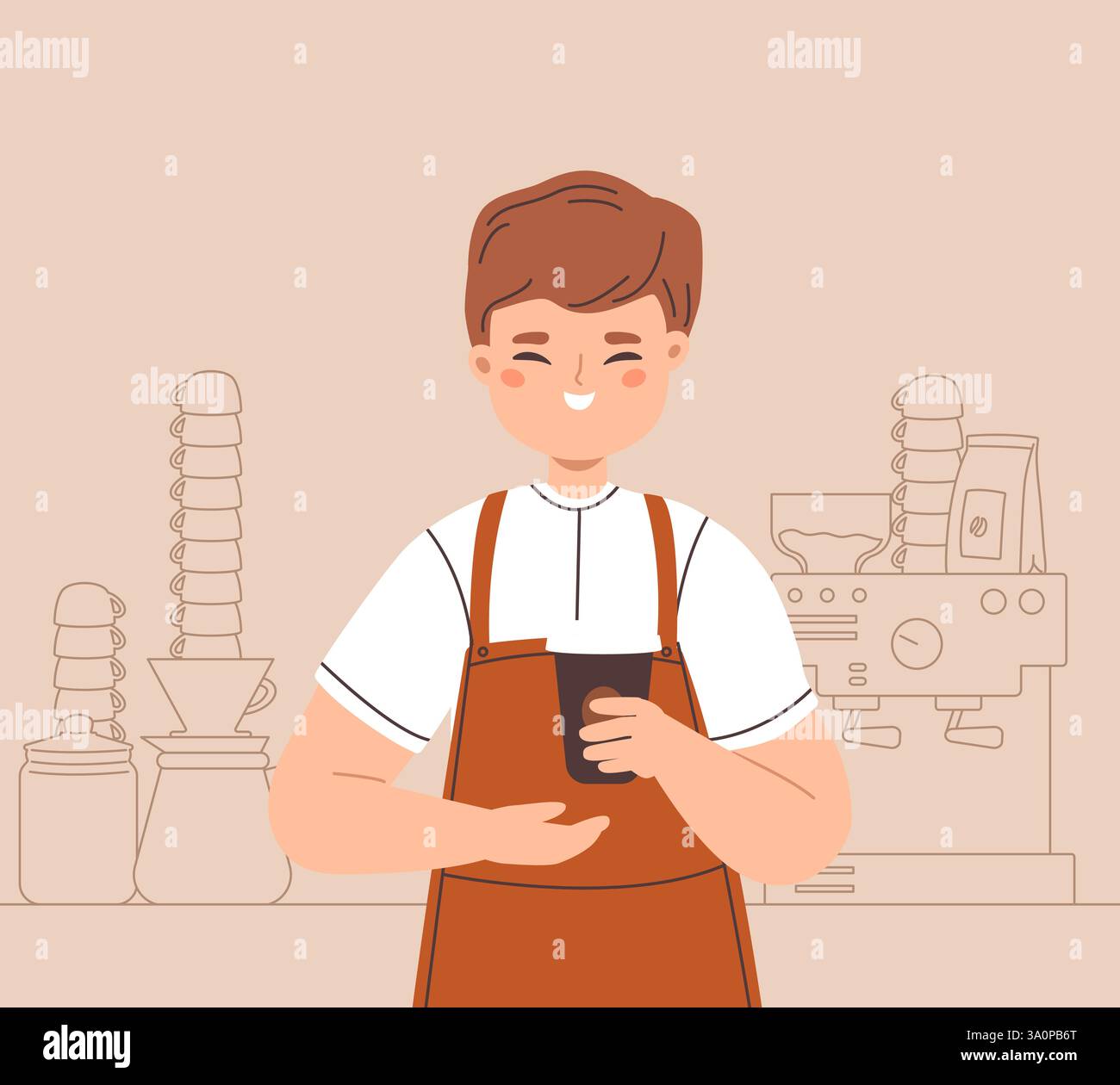 Boy barista holding mug of coffee. Happy guy with take away cup, coffee ...