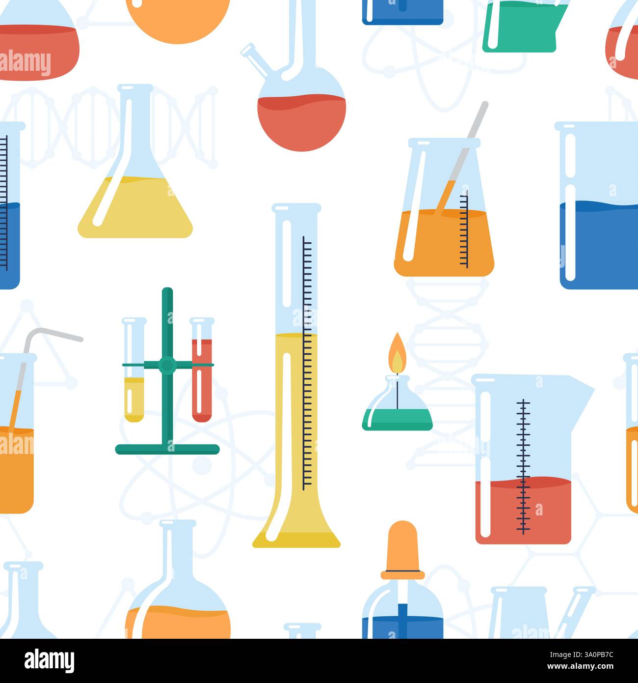 Chemistry tools seamless pattern. Laboratory equipment, glass tubes and ...