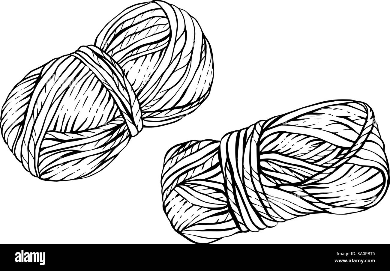Skeins of knitting thread, balls of yarn. Vector black line art hand ...