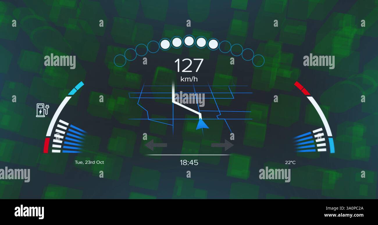 Image of data processing and speedometer and black background Stock Photo - Alamy