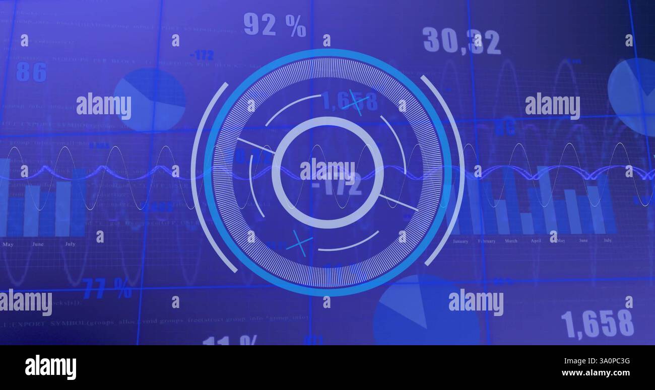 Image of circular scanner over charts and processing data on blue ...