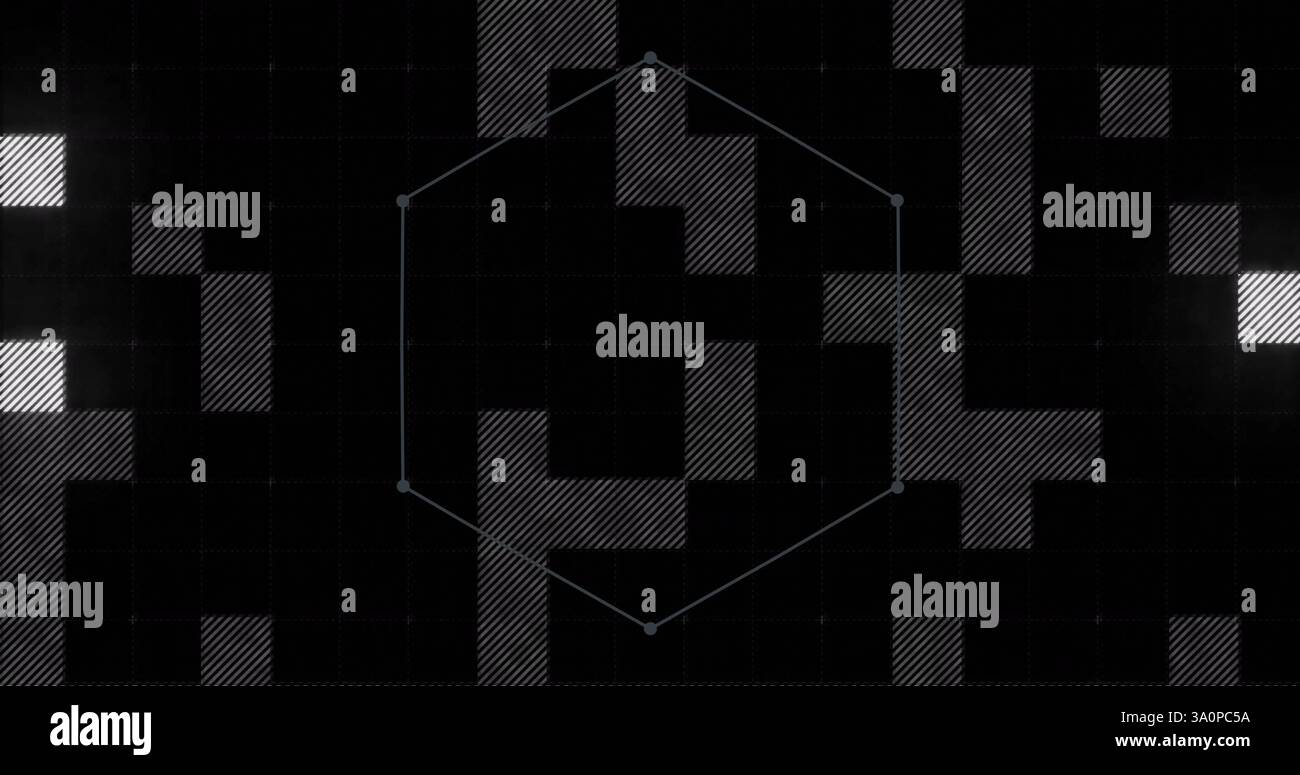 Image of hexagon and flickering squares over black background Stock ...