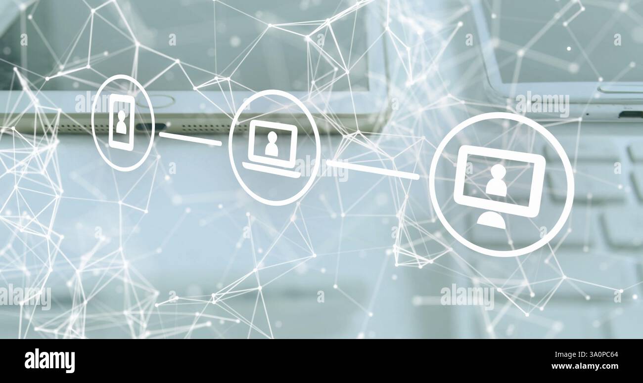 Image of network of connections with icons over tablet Stock Photo - Alamy