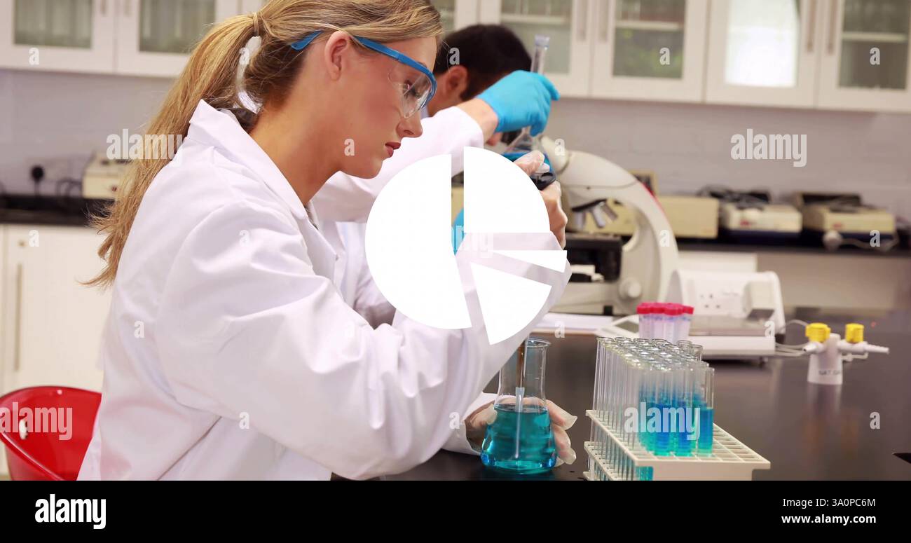 Image of white diagram over caucasian scientists taking sample in lab ...