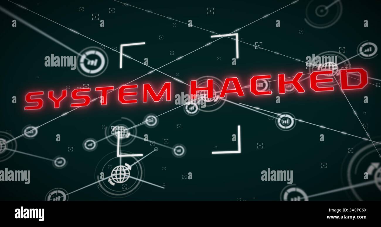 Image of data processing over diagrams and system hacked text Stock Photo - Alamy