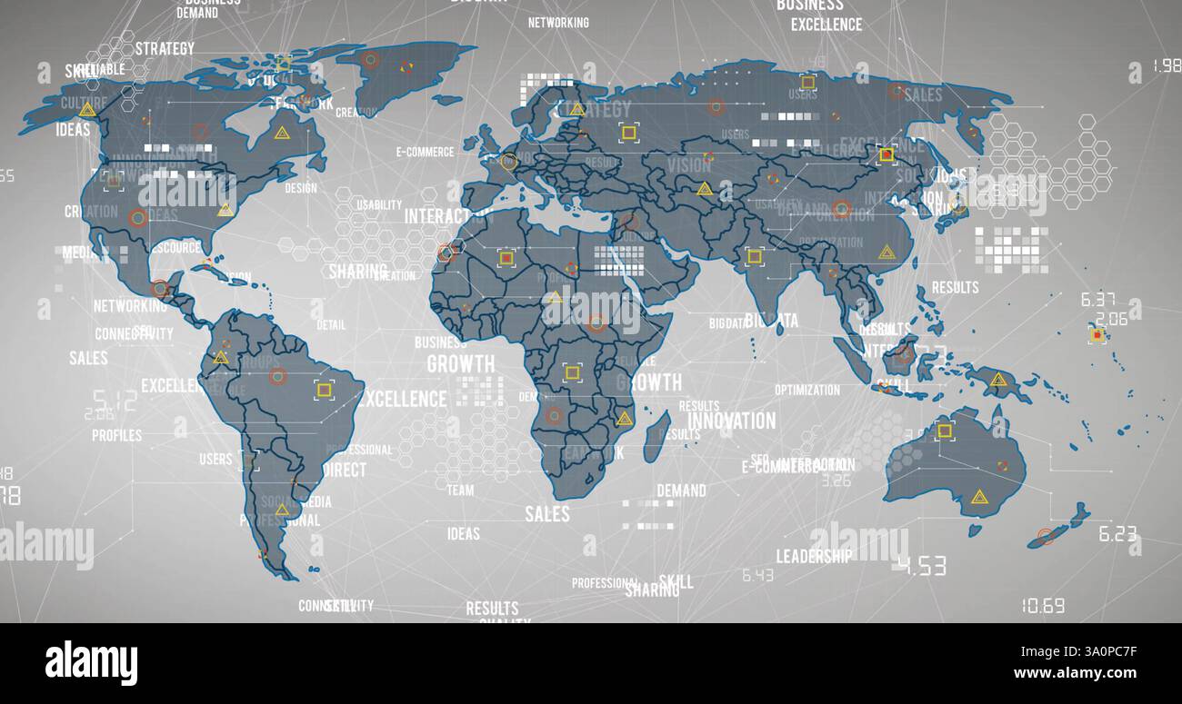 Image of network of connections with texts over world map and white ...