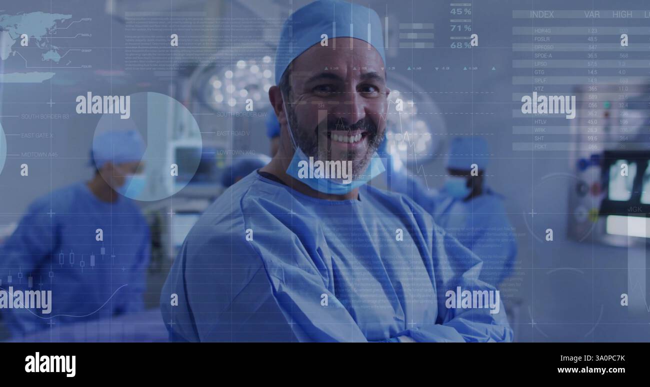 Image of data processing and world map over diverse surgeons in ...